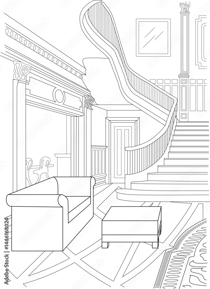 Grand Castle Interior Line Art, Black and white line drawing ...