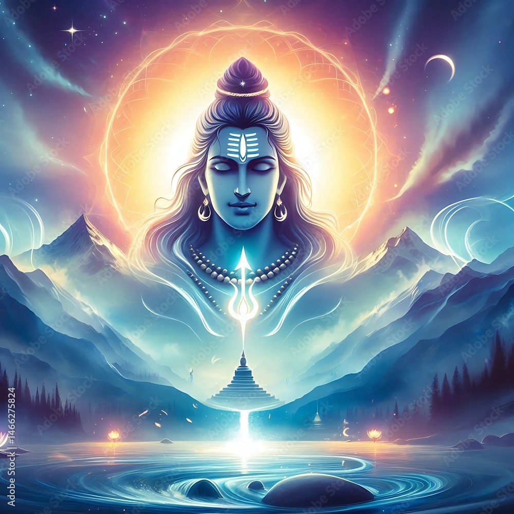 Ilustrace Cosmic Digital Artwork of Lord Shiva with Glowing Trident and ...
