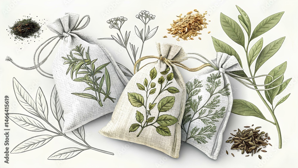 Vintage botanical drawing of herbal sachets with detailed hand-drawn ...