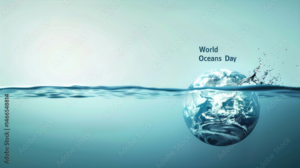 Ocean globe partially submerged in water with splashes, highlighting ...