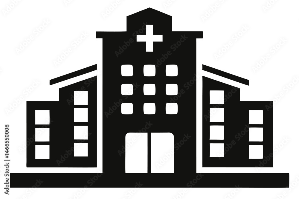 shows a hospital building with a distinctive cross symbol on its ...