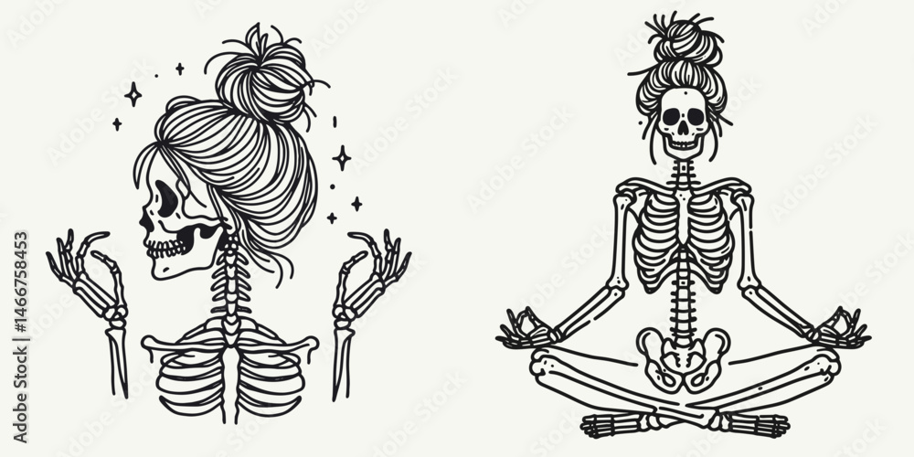 Female Skeleton with Messy Bun Meditation. girl bun Outline Clipart ink ...