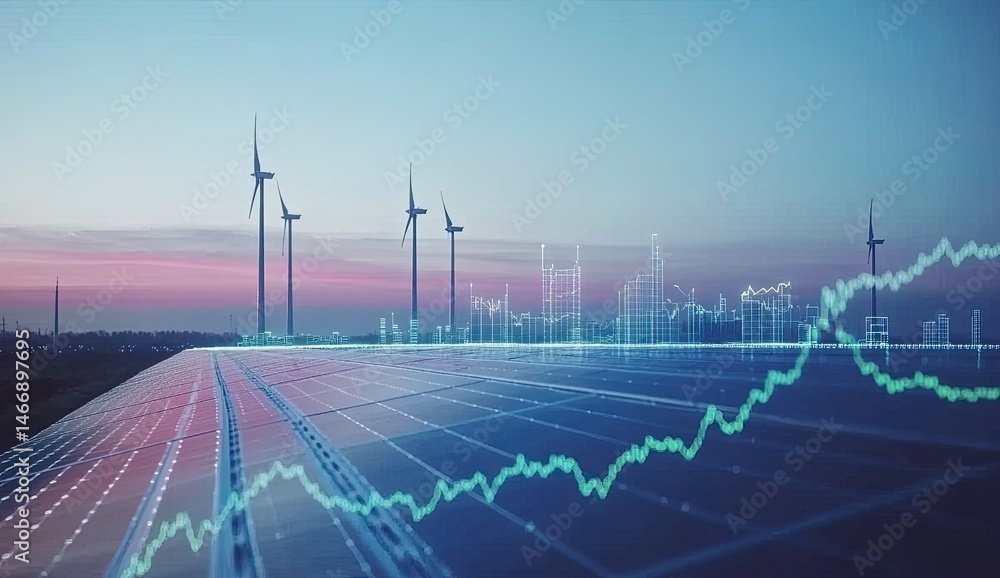 Foto de Stock Sustainable energy future. Solar panels, wind turbines ...