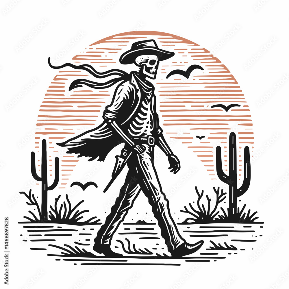 Skeleton as Cowboy Walking into the sunset. Western Outline Clipart ink ...