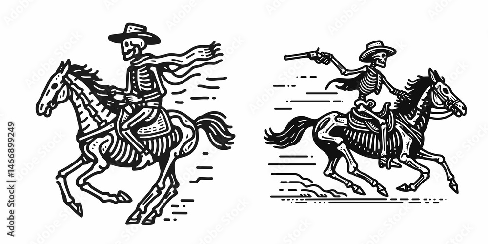 Skeleton as Cowboy Riding a horse. Western Outline Clipart ink line art ...