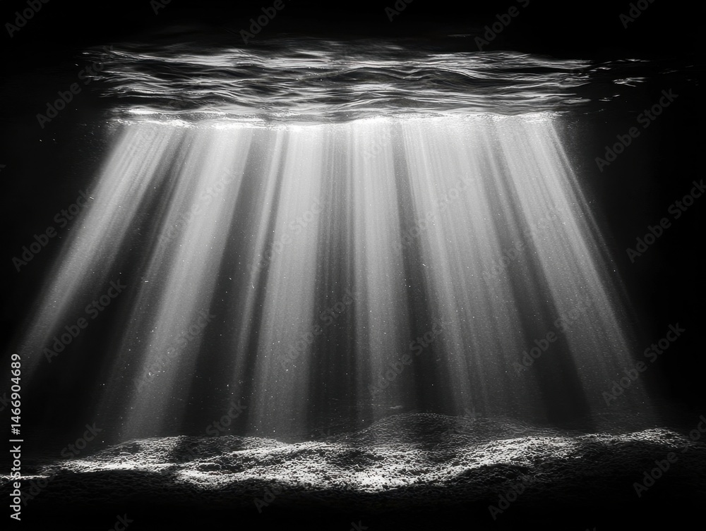 Underwater light rays shining down in monochrome creating ethereal ...