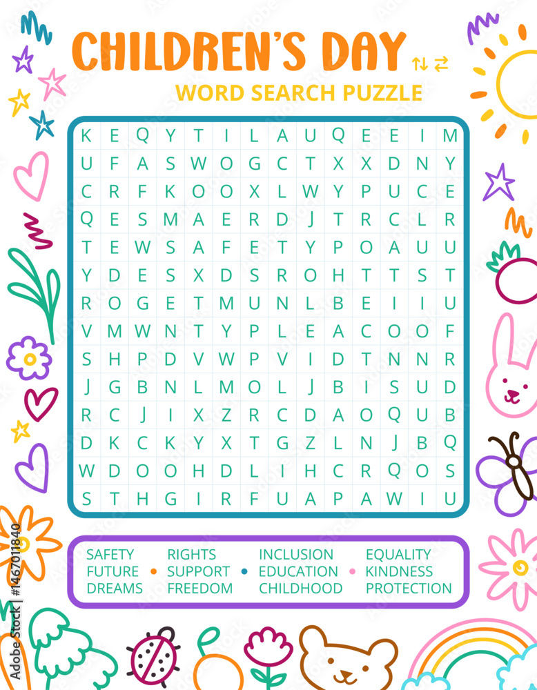 Children's Day word search puzzle game on a doodles background ...