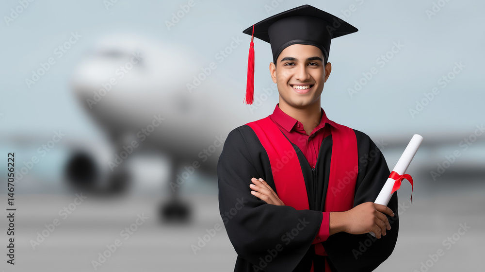 happy indian male graduate student in Cap and Gown. Studying abroad ...
