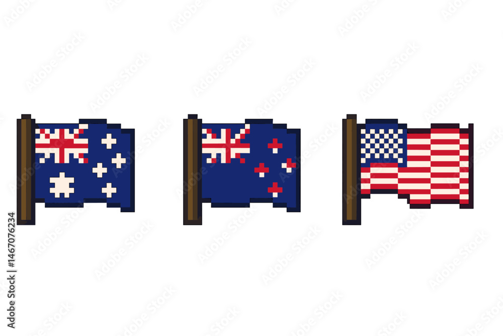 Pixel art flags of australia, new zealand, and united states Stock ...