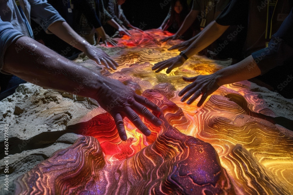 Interactive display with hands exploring a colorful topographic map ...
