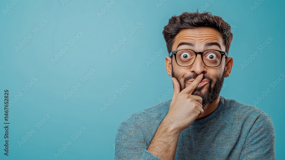 Man with glasses is looking at the camera and making a funny face. He ...