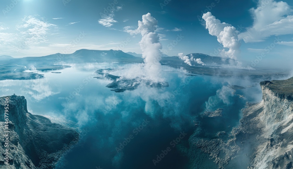 Volcanic lake panorama. Vast caldera lake reflecting a volcanic ...