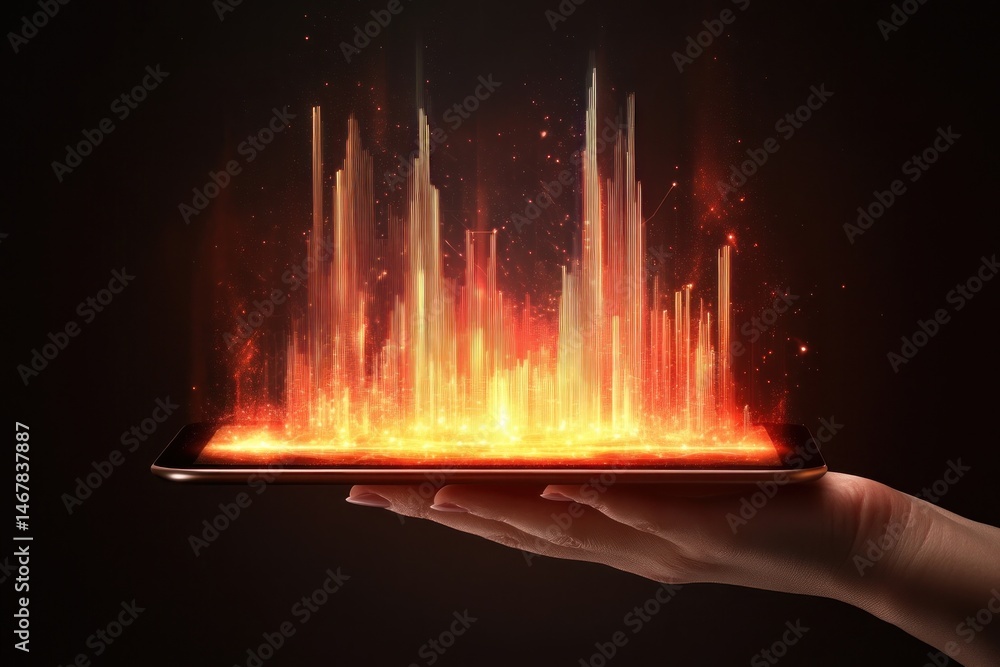 Fiery city skyline digitally projected onto tablet held in hand Stock ...