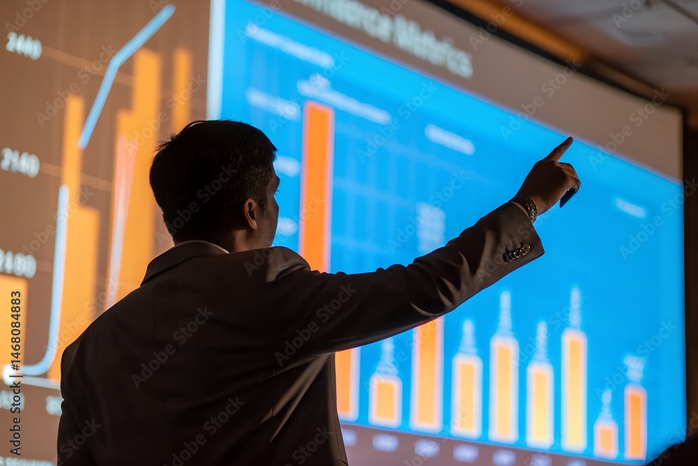 Businessman using digital screen to analyze key performance indicators ...