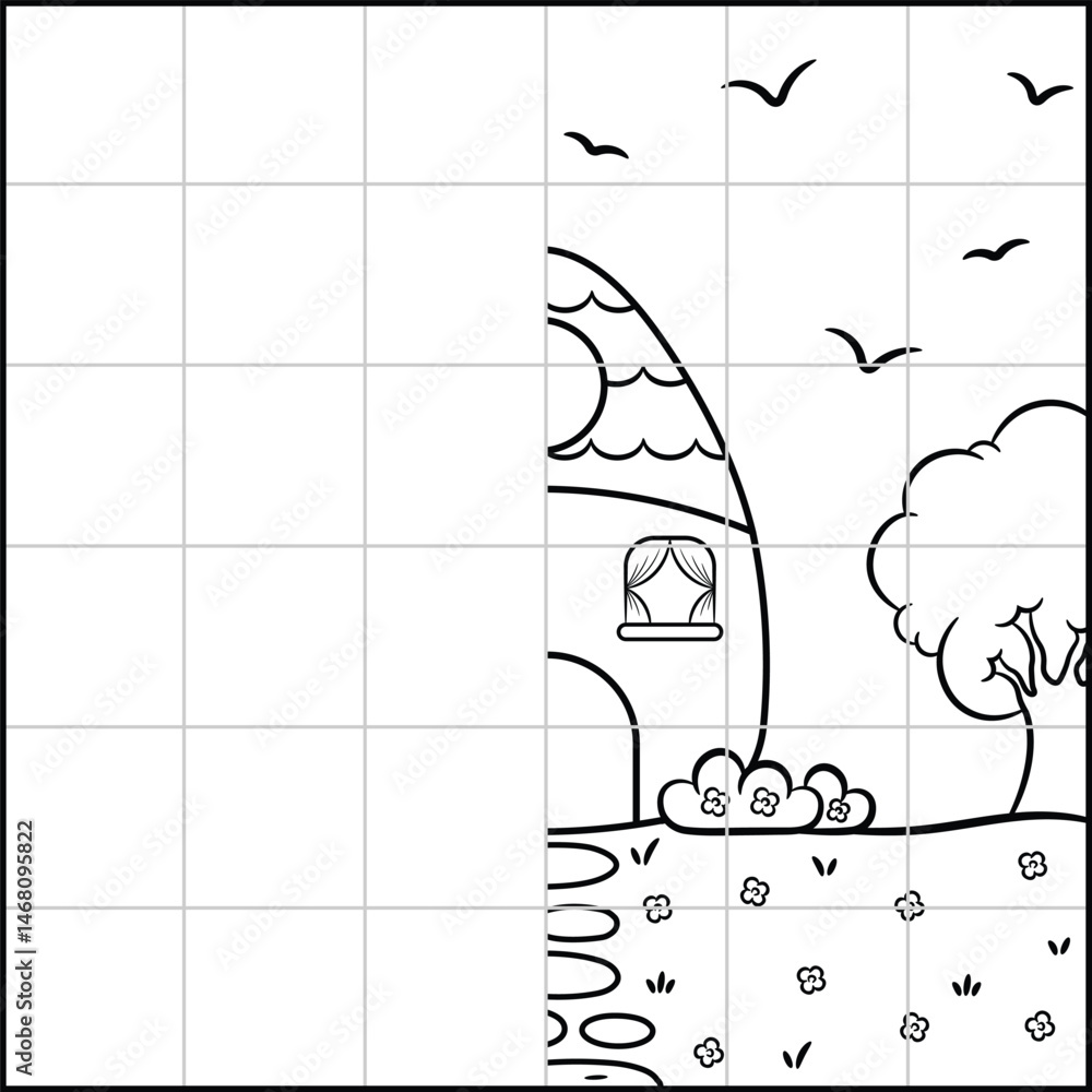 grid sketch cartoon house drawing and coloring page for kids to ...
