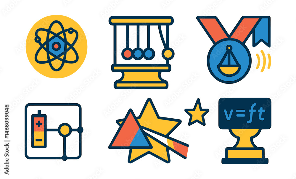 Vector de Stock Flat vector icons of physics concepts: atom structure ...