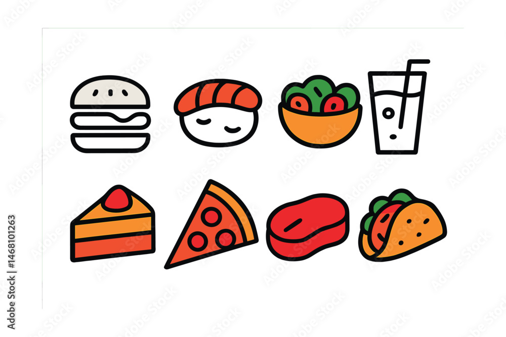 Flat vector icons of food illustrations for menu items: line burger ...