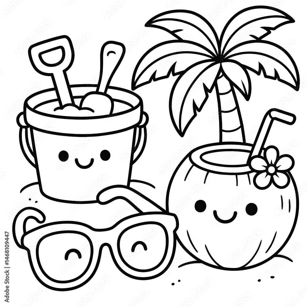 Stock-Illustration „Kawaii Tropical Beach Coloring Page with Coconut ...