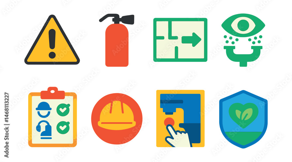 Flat vector icons of workplace health and safety: workplace hazard sign ...