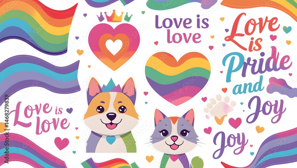 Rainbow flags, heart, crown, cute dog and cat with LGBTQ phrases, Pride ...