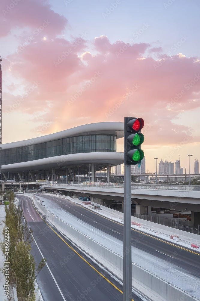 Elevated highway with modern architecture and traffic light under a ...
