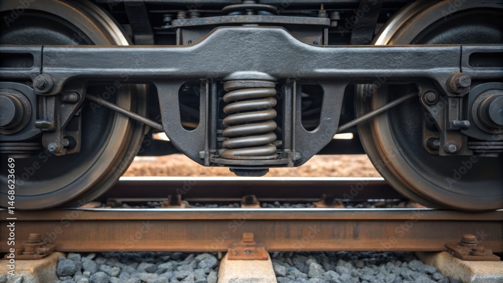 Close-up of train wheels and suspension system, showcasing the ...