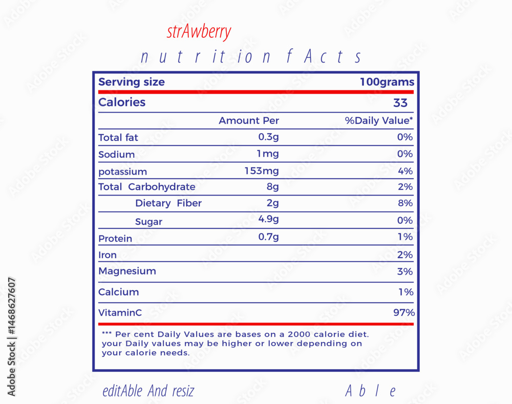 Strawberry nutrition facts label chart design template with table Stock ...