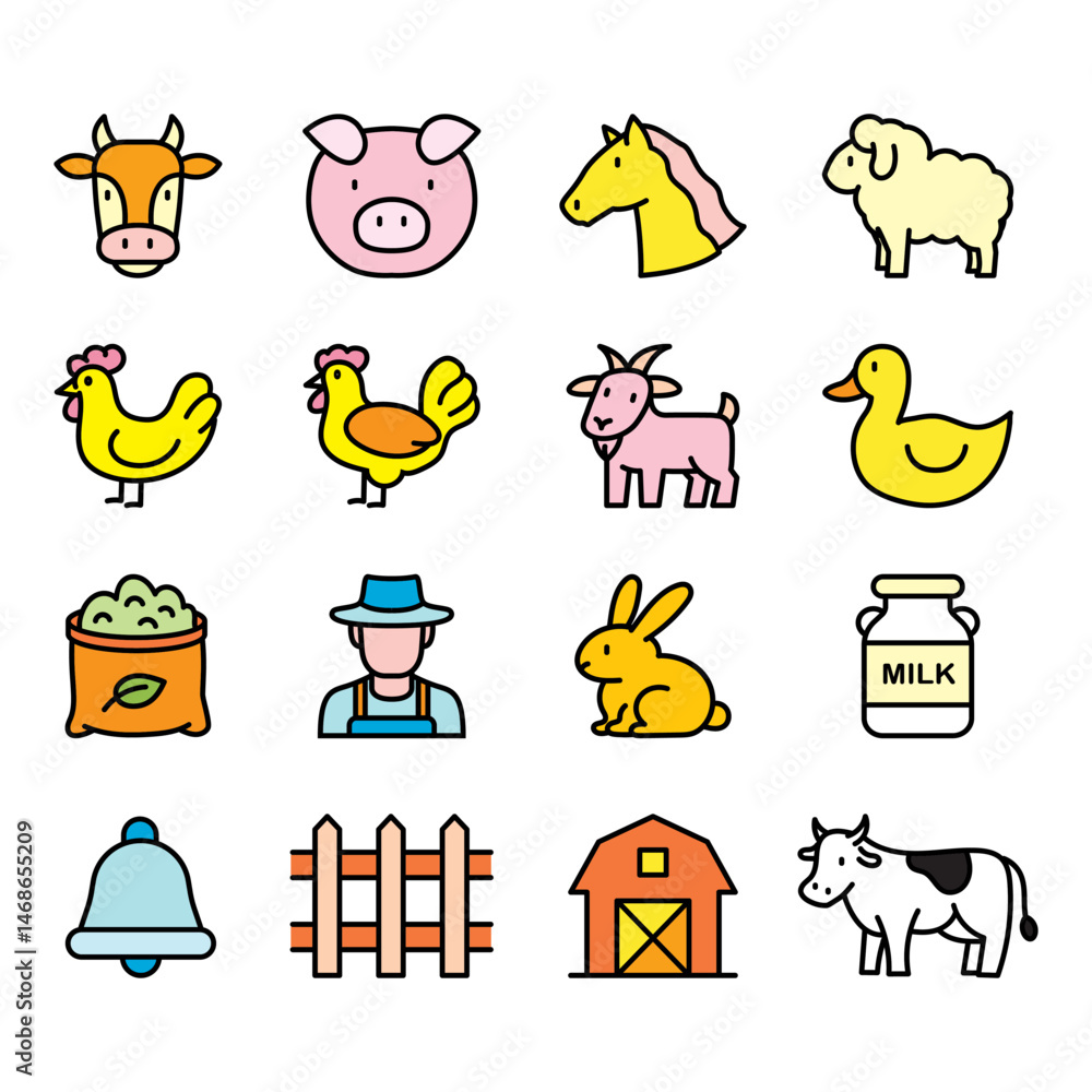 Colorful animal farm icon set featuring livestock such as cows, pigs ...