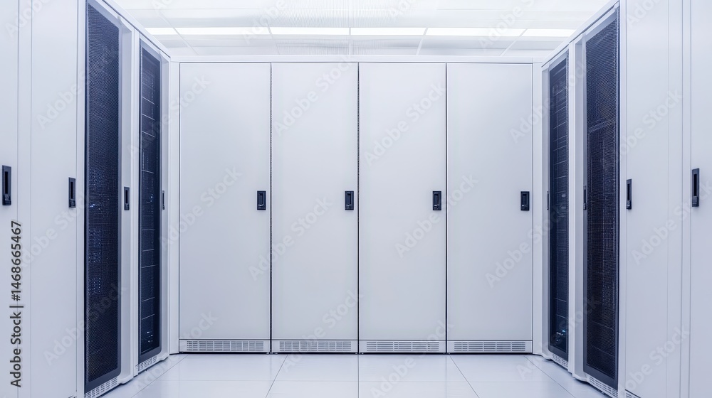 Ultra-clean, modern data center room with secure, white server cabinets ...