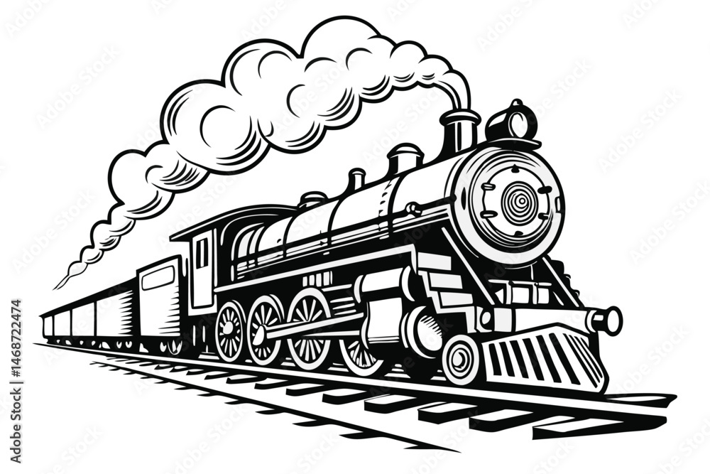 208 Vintage steam locomotive, black and white illustration, detailed engraving style, side view ...