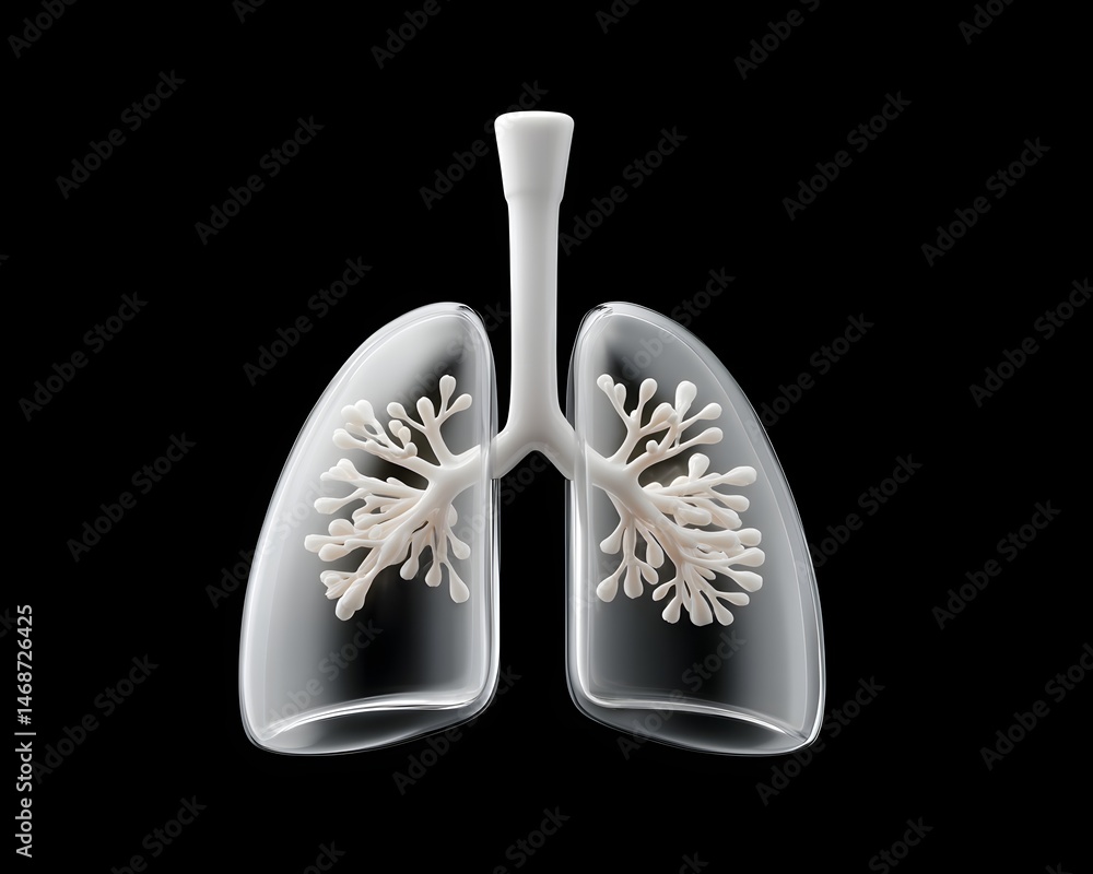 A highly detailed 3D glass model of the lungs, fully transparent with ...