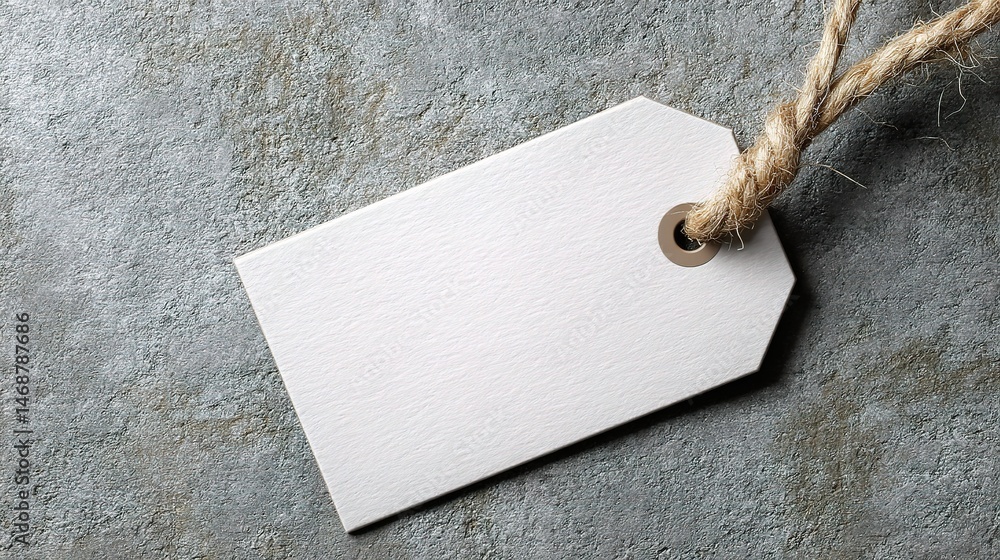 Blank White Paper Tag Hanging by Rough Twine on Textured Surface Stock ...
