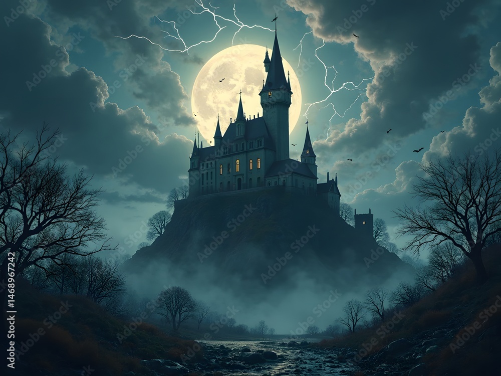 Spooky Castle on the Hill: A Halloween night background of a spooky ...