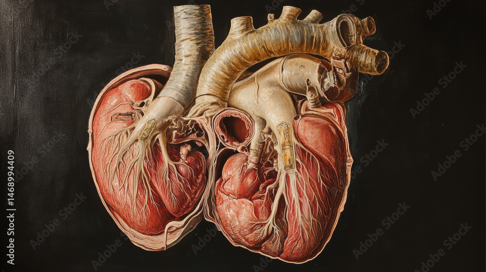 Detailed anatomical illustration of human heart showing ventricles ...