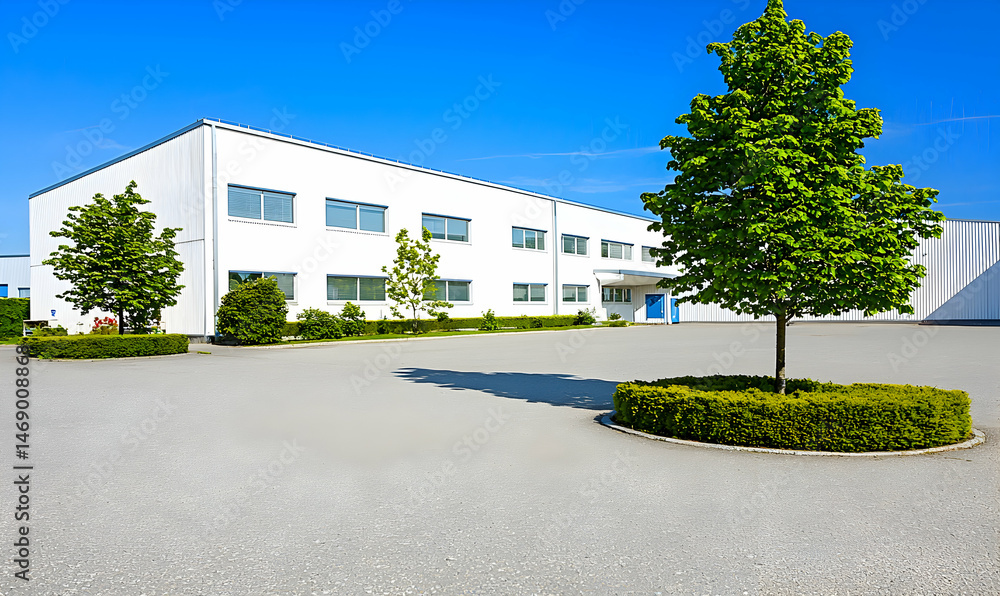 Modern white factory building exterior with paved parking lot and ...