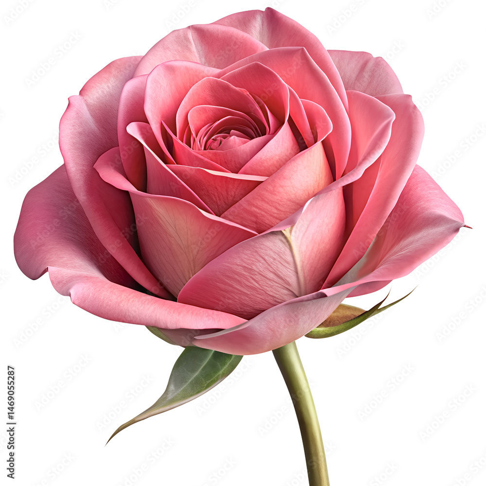 Single blooming soft pink rose flower with stem, realistic photo, full ...