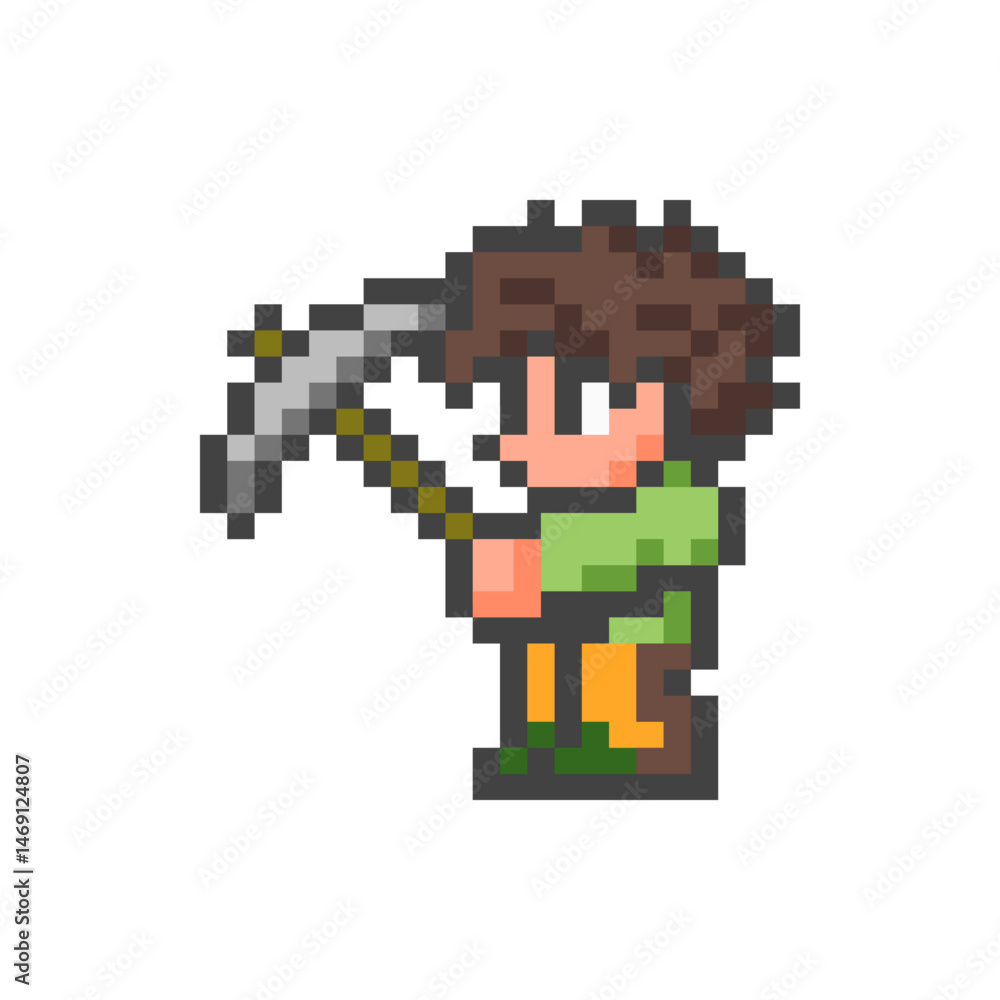 Pixelated character holding a pickaxe with brown hair green shirt and ...