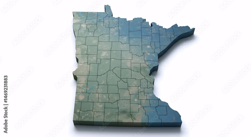 3D Model of Minnesota State Showing County Boundaries Stock Photo ...
