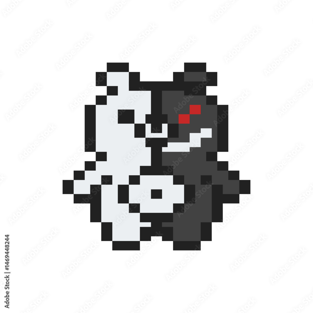 Pixelated monokuma character with half white and half black color and ...