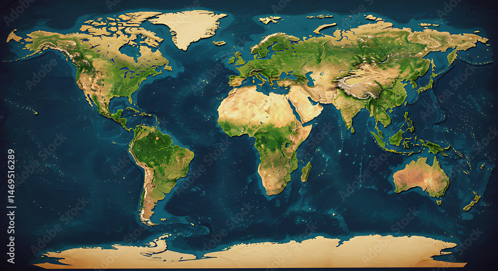Detailed world map illustration showcasing continents, oceans, and ...