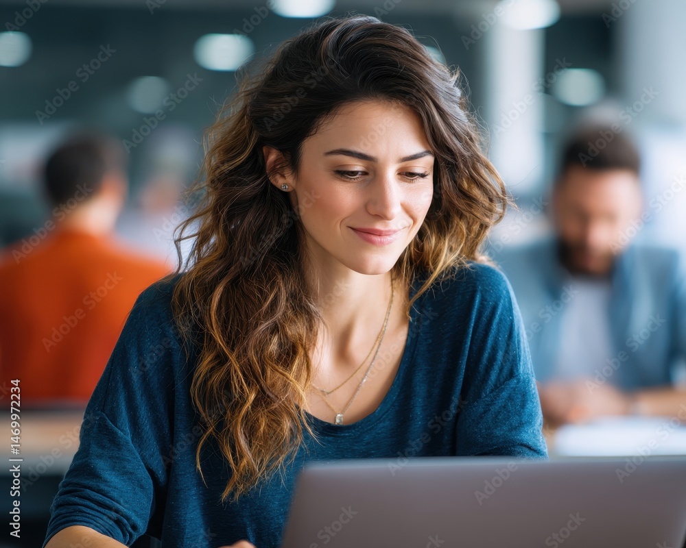 Freelance graphic designer working on a laptop at a shared workspace ...