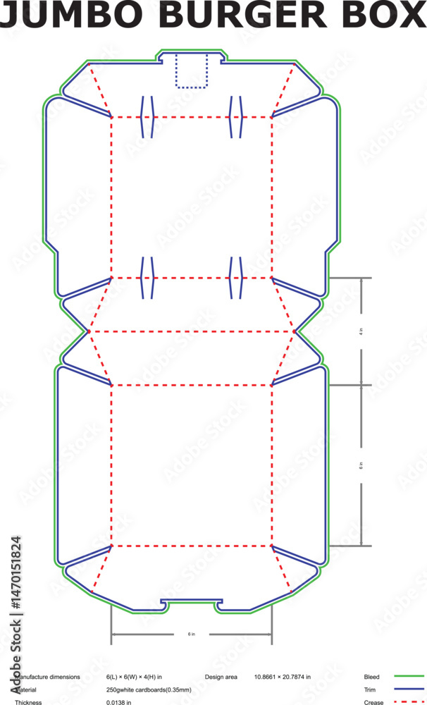 Technical drawing of a jumbo burger box showing dimensions and cut ...