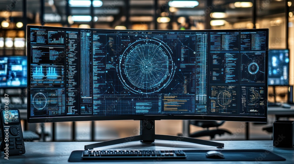 Modern computer workstation with a large curved monitor displaying ...