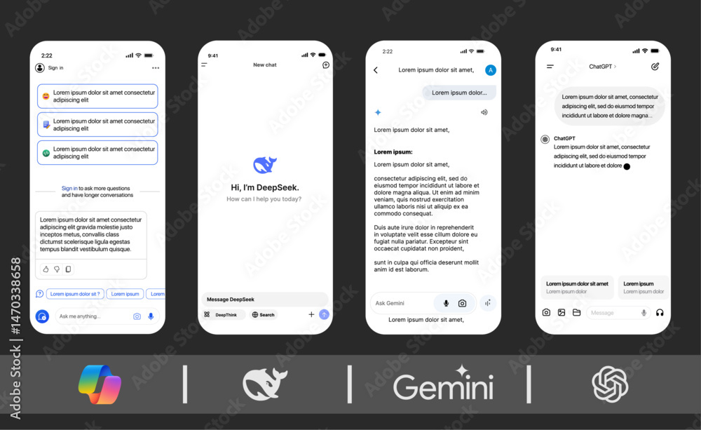 chatgpt, gemini, deepseek,copilot UI mockup 2025. ai app chatgpt ...