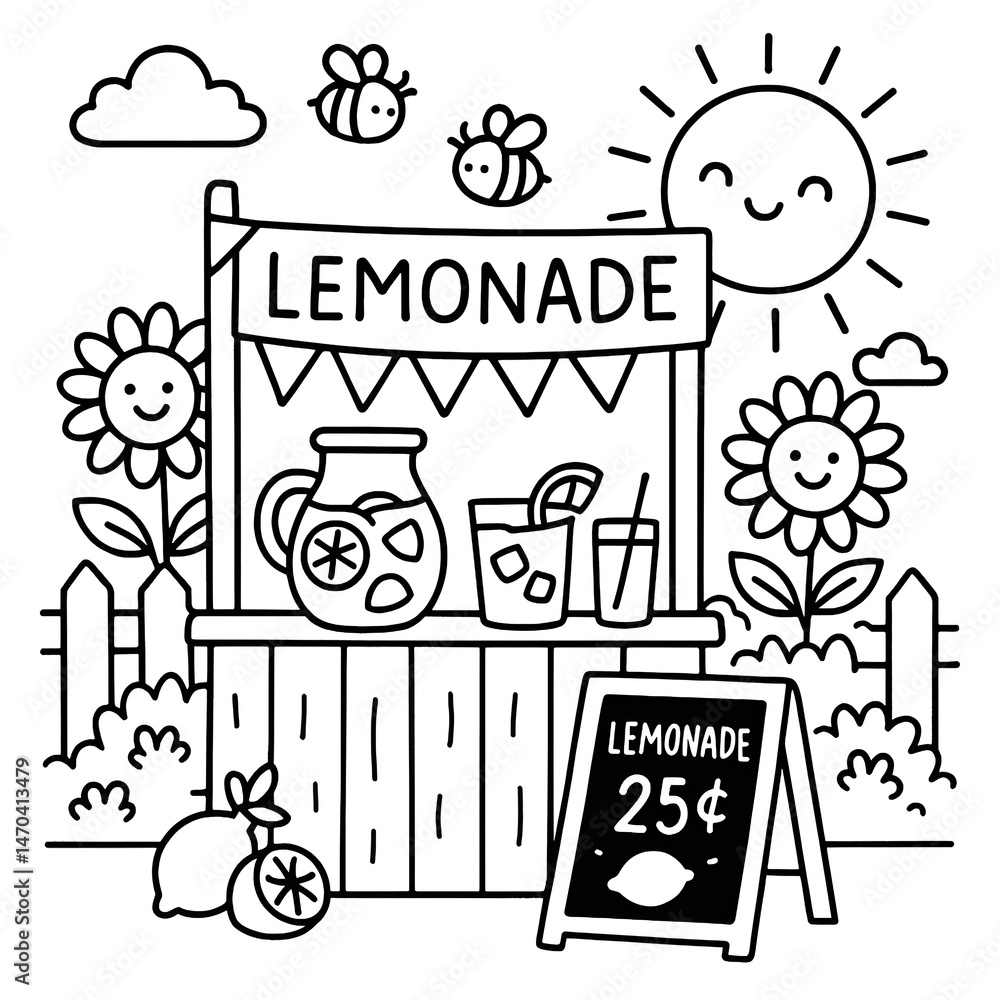 Cute summer lemonade stand coloring page with smiling sun, bees, and ...