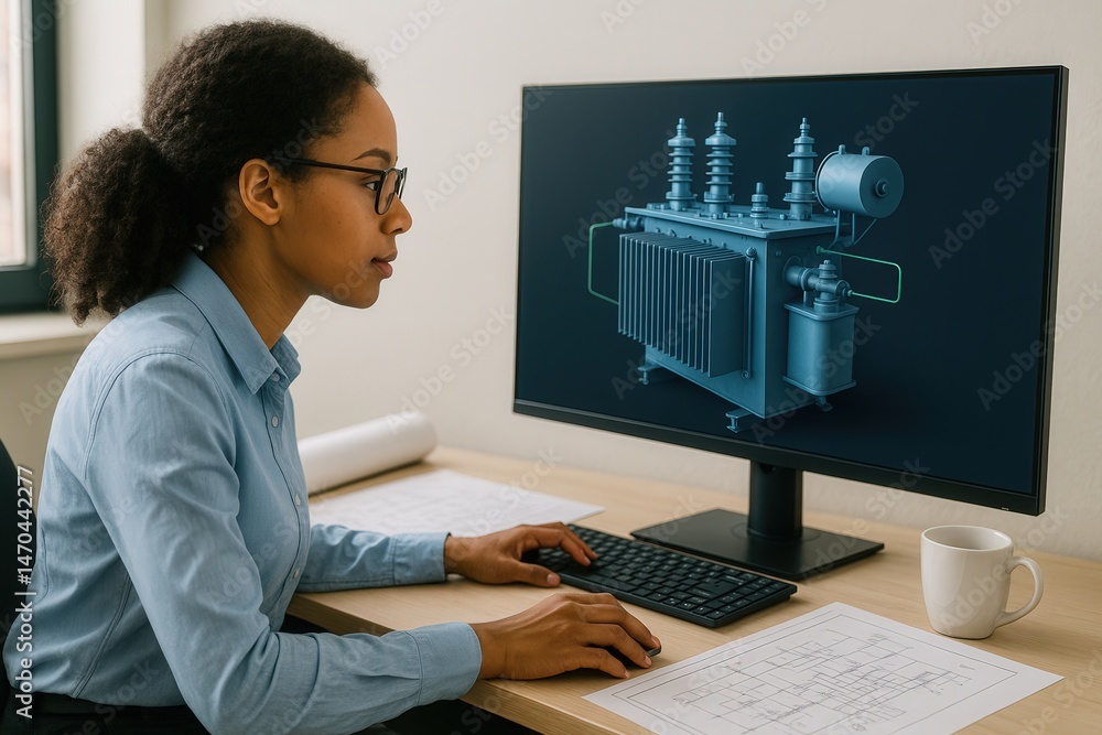 Female engineer designing a 3D model of an electrical transformer on a computer. Modern ...