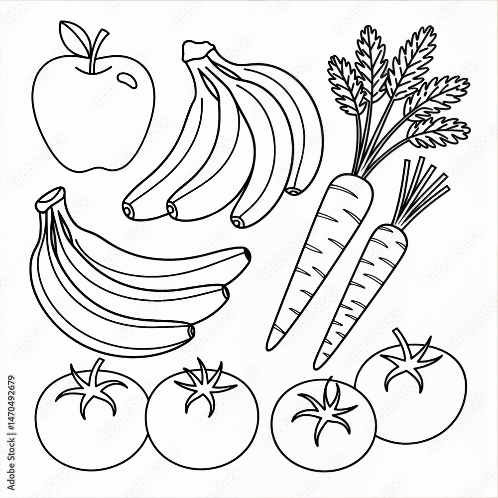 Line drawing of fruits and vegetables for coloring Stock Illustration ...