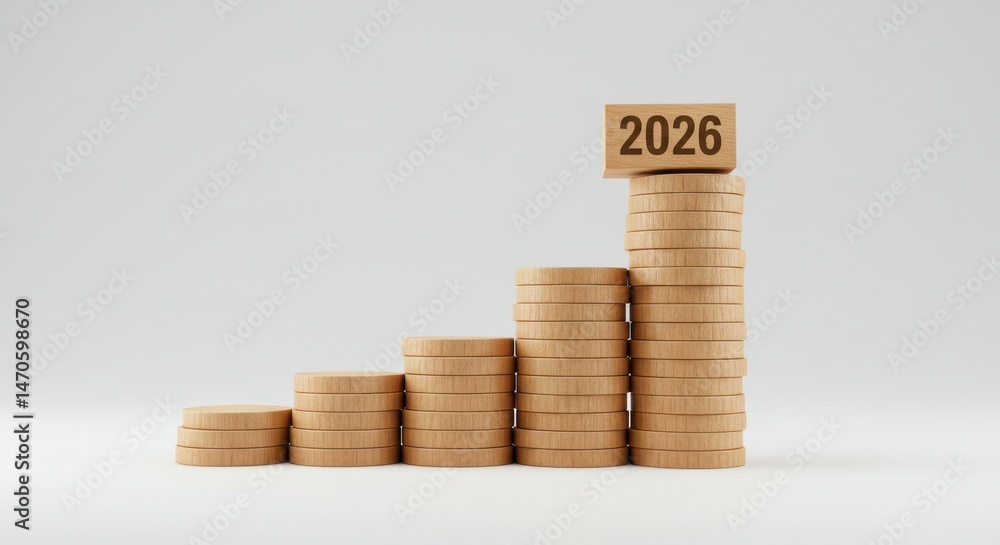 Financial target 2026 represented by stacked wood coin and block chart ...