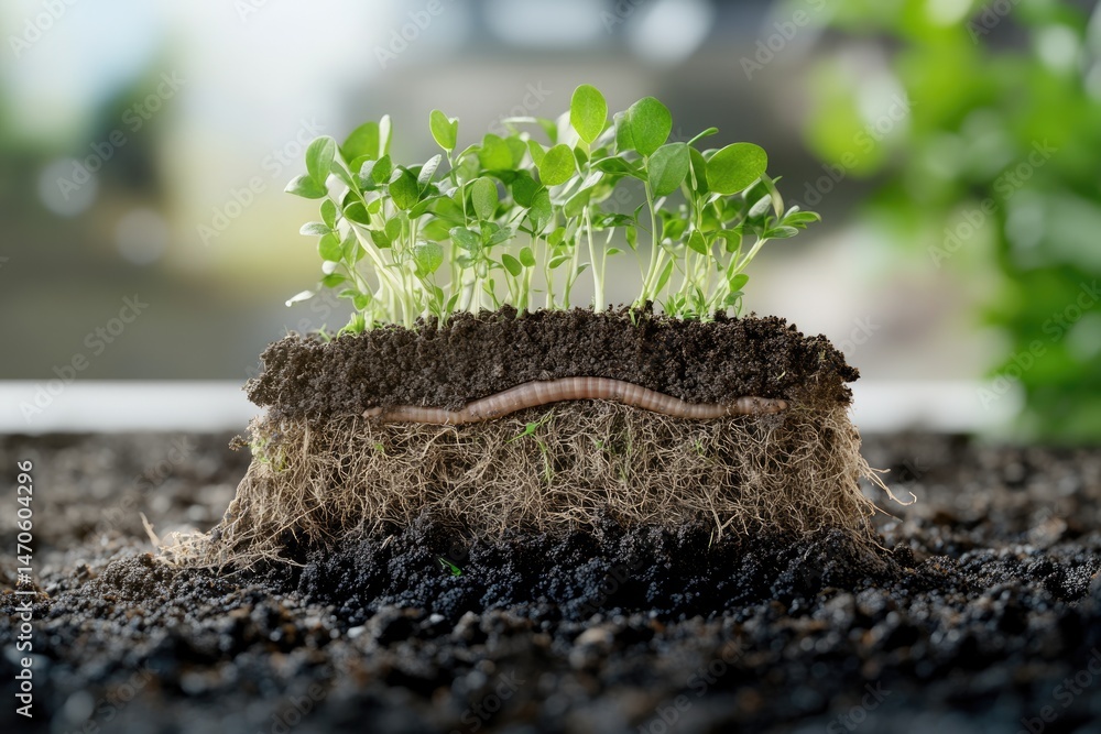 Soil ecosystem: plant roots, earthworms, microscopic organisms ...