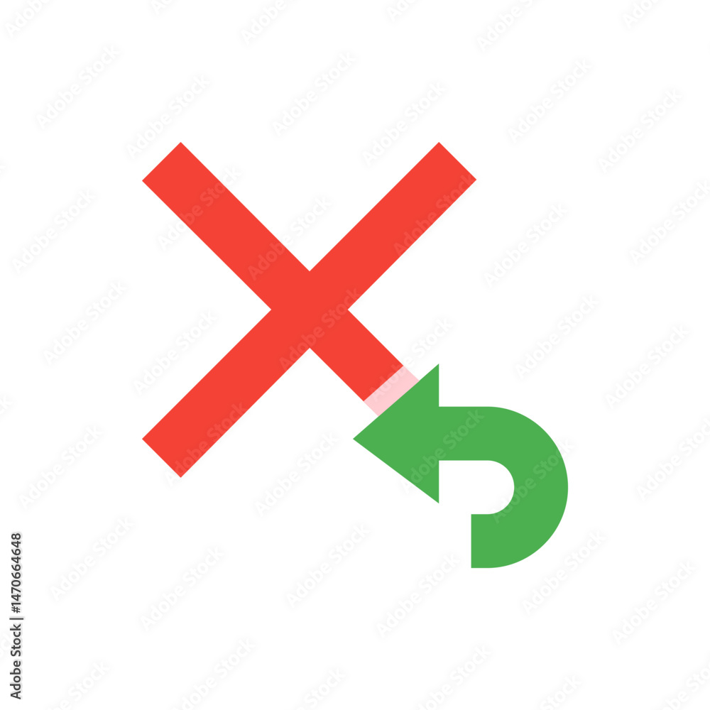 Red cross symbol with a green curved arrow pointing back representing ...